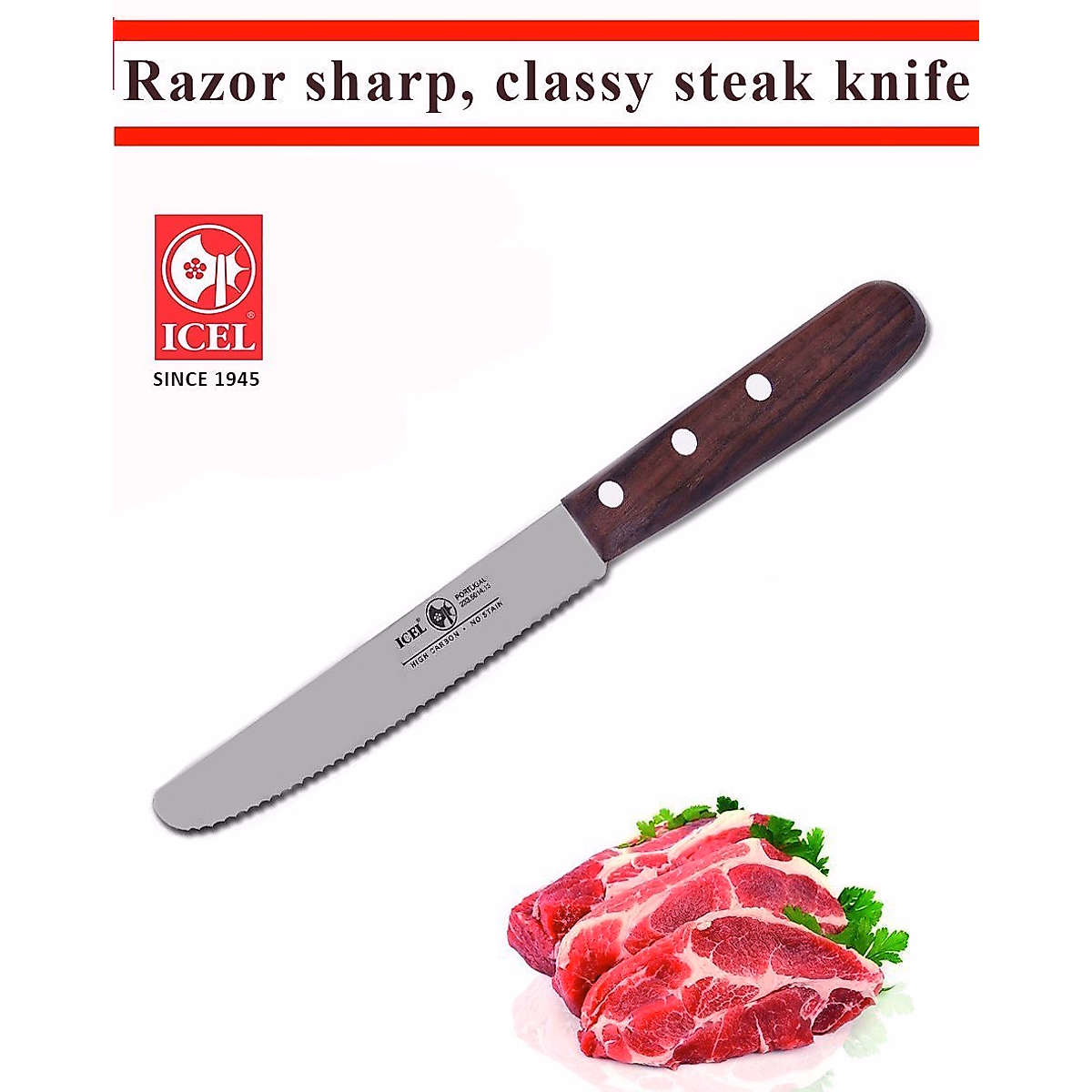 Icel Serrated Steak Knife Set, 4-3/4-inch Rounded Edge High Carbon Stainless Steel Blade, Rosewood Handle. 6-Set. (6)