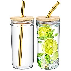 Mason Jar Cups with Lids and Straws Reusable Wide Mouth Ball Mason Jar Drinking Glasses Tumbler with Straw Brush, Travel Bottle 24 Oz for Iced Coffee, Juicing, Tea, Milk, Homemade Beverages