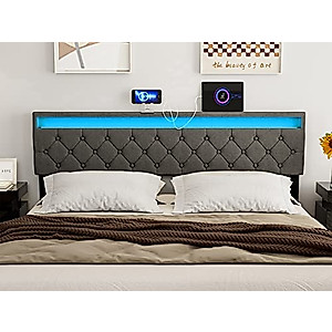 IKIFLY Upholstered King Size Headboard with 2 USB Ports & LED Lights - Adjustable Height - Button Tufted Padded Linen Fabric Headboard, Easy Assembly, King Headboard Only for Bedroom - Dark Grey