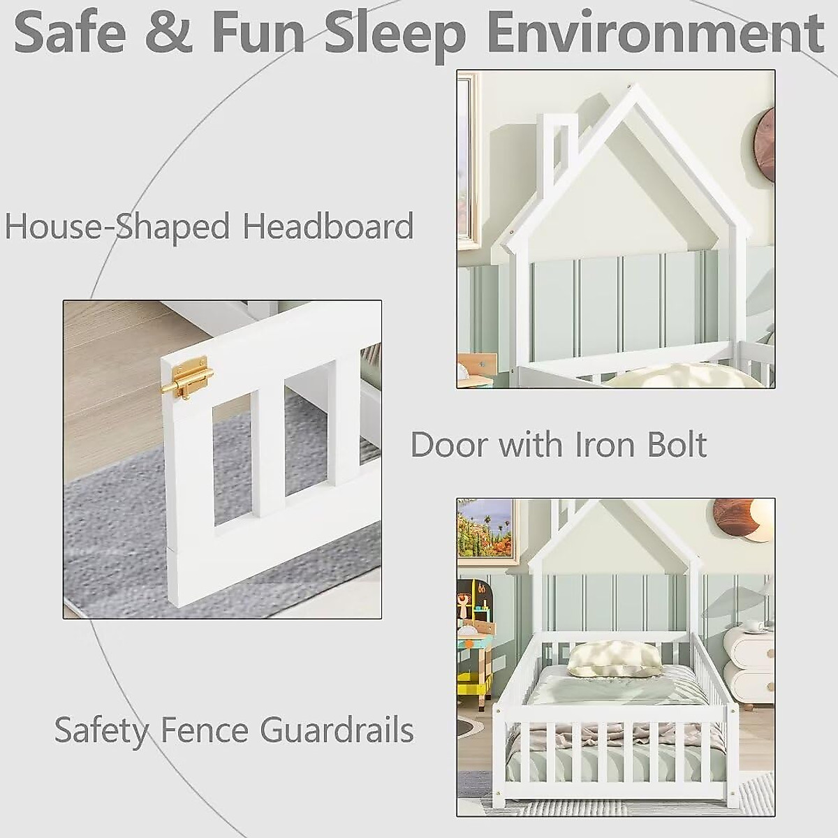 TURRIDU Twin Size Montessori Floor Bed with Fence and Door, House-Shaped Headboard Floor Bed with Full-Length Guardrails, Floor House Bed for Children Girls Boys, No Weight Limit, White