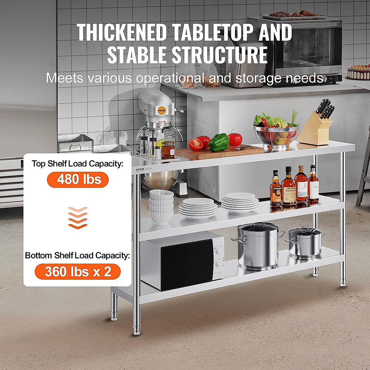 VEVOR Stainless Steel Food Prep Table, 14 x 60 x 34 Inch Commercial Kitchen Worktable, with 2 Adjustable Undershelf, Heavy Duty Prep Table Metal Work Table for BBQ, Kitchen, Home, and Garage