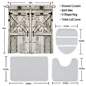 Coxila Wood Barn Door Shower Curtain Set Wooden Gate Rural Farm House Brown Contour Mat Toilet Lid Cover U Shaped Bath Mat 4 Pcs Decor Bathroom Non-Slip Rug Fabric Polyester 60x72 Inch