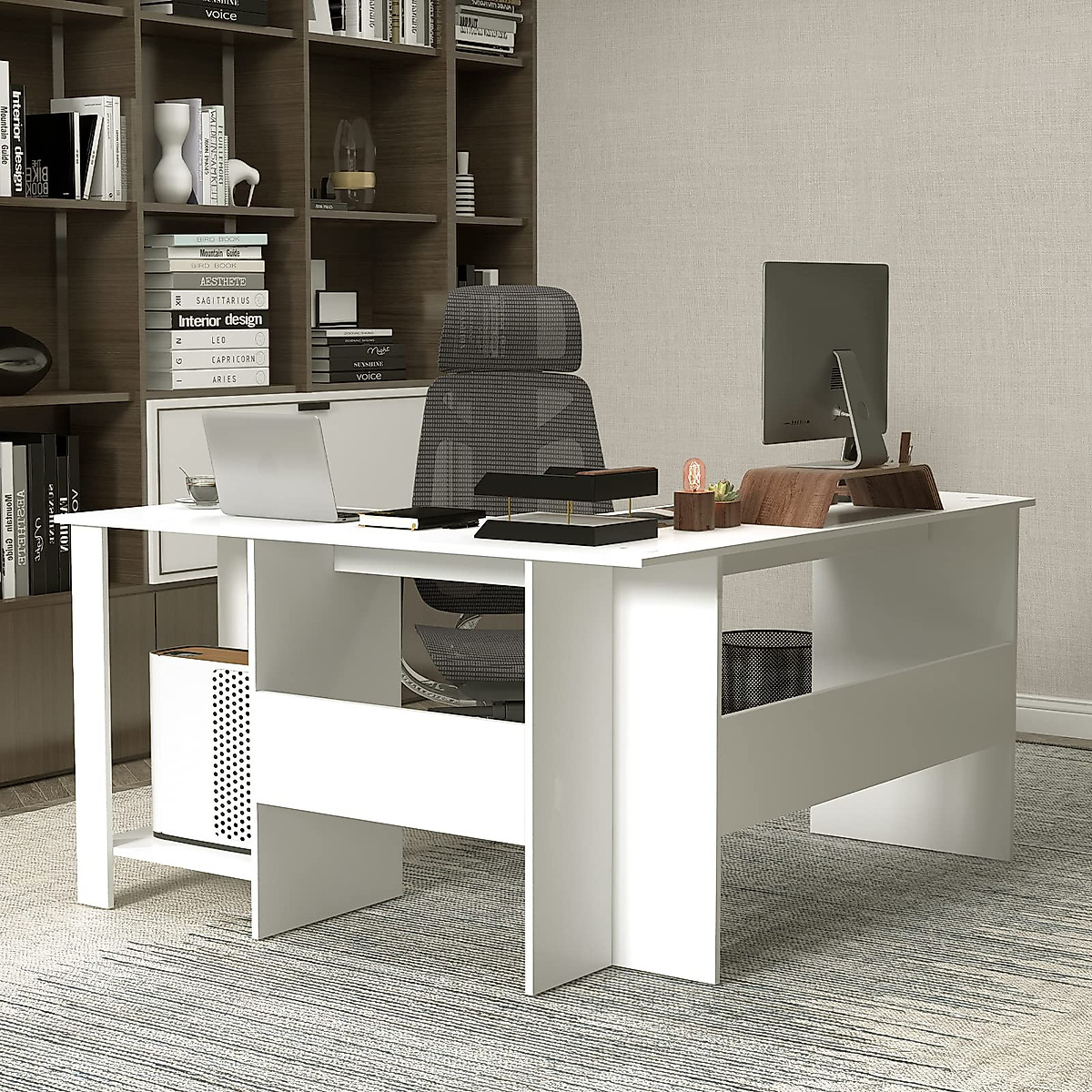 MEDIMALL 51-Inch L-shaped Computer Desk with CPU Stand, Modern Corner Gaming Desk w/Spacious Desktop, 2 Open Shelves & 2 Cable Holes, Space-saving Study Table for Home Office Workstation, White