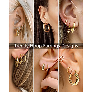 Adoyi Gold Hoop Earrings, Small Gold Hoops Earrings Chunky Huggie Hoop Earrings Set for Women 14K Gold Plated Lightweight Jewelry Birthday Christmas Gifts for Her 3/6/9 pairs
