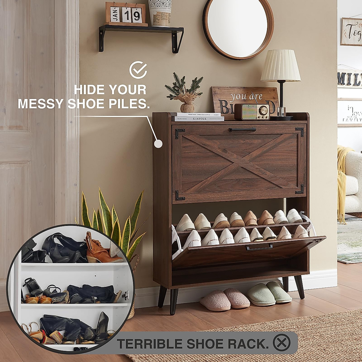 Barnyatoh Shoe Storage Cabinet,Farmhouse Shoe Organizer with 2 Flip Drawers & Barn Door Design,Freestanding Hidden Slim Narrow Shoe Rack Cabinet for Entryway,Foyer,Hallway,Walnut
