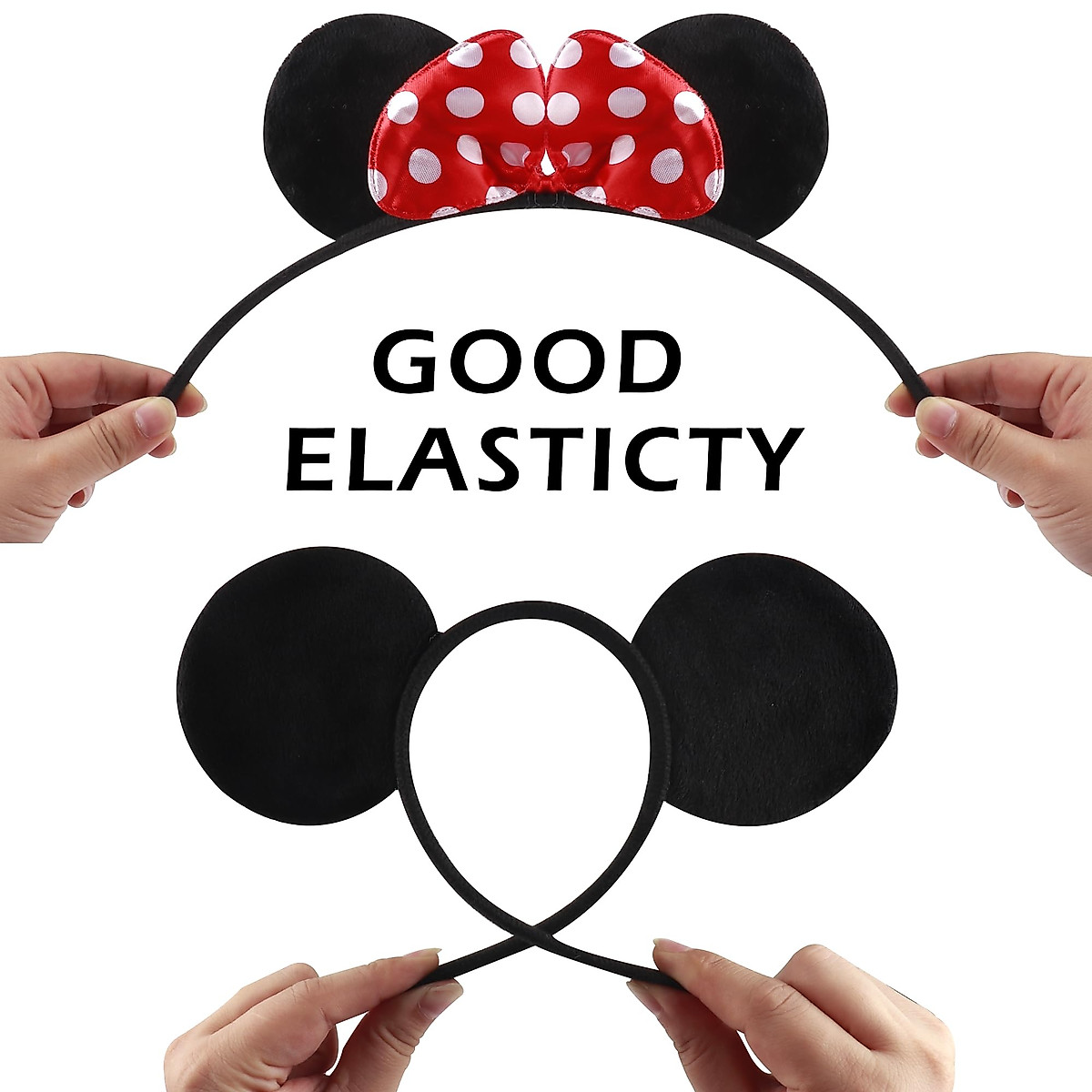 Lucky Will 20 Pack Mouse Ears Headband Classic Solid Black and Red Bow Ears Headbands Bulk for Kids and Adults - Boys & Girls Mouse Themed Birthday Party Supplies
