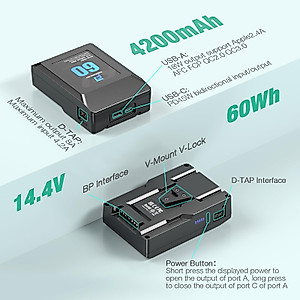 FirstPower V Mount/V-Lock Battery, 60Wh(4200mAh, 14.4V) V-Mount Battery Support PD 45W USB-C Fast Charger, with D-TAP, USB-A, USB-C Port, for Video Broadcast Camera Camcorder Monitor LED Light