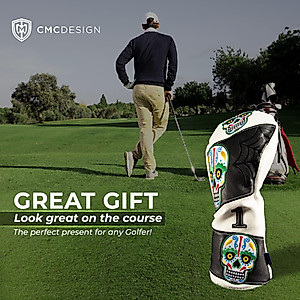 CMCDESIGN Custom Sugar Skull with Web Embroidered Golf Driver Head Cover - Glove Soft Lining - Design Elements Include Applique and Embossing - Great Fit on Any Club as Golf Head Covers, Wood Cover