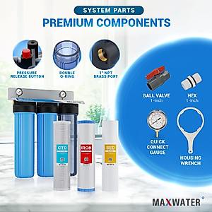 Max Water 3 Stage (Coastline Houses, Cottage, Farm, Well & Underground Water) 20 inch Water Filtration System for Whole House - Sediment + Iron Manganese + CTO Post Carbon - 1" Inlet/Outlet