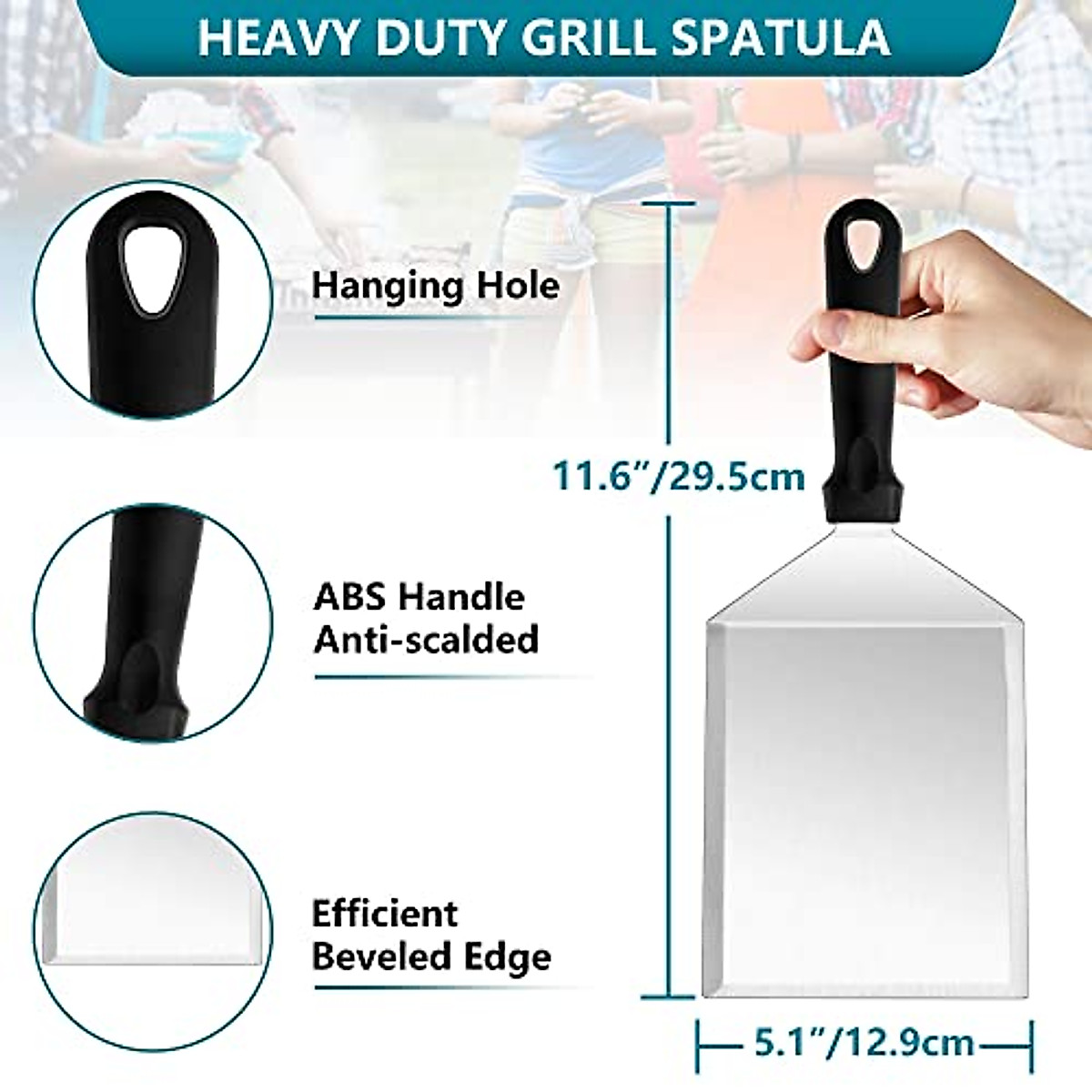 Leonyo Hamburger Spatula & 8.2x4.2 Inch Rectangular Burger Press, Heavy Duty Griddle Metal Turner Flipper & Stainless Steel Smash Bacon Grill Press for Flat Top BBQ Cheese Burger Patty, Plastic Handle