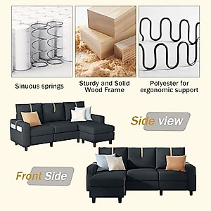 Pingliang Home 80" Sectional Sofas for Living Room, 3 Seat L Shaped Couch with Reversible Ottoman, Modern Linen Fabric Small Sectional Couch for Apartment Small Space, Dark Grey