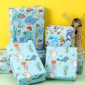 BOLIANNE Ocean Wrapping Paper - Birthday Wrapping Paper for Boys Girls Kids with Cute Whales Dolphins Fishes, 6 Large Sheets Sea Blue Gift Wrap for Baby Shower, Folded Flat, 27 X 37 Inch