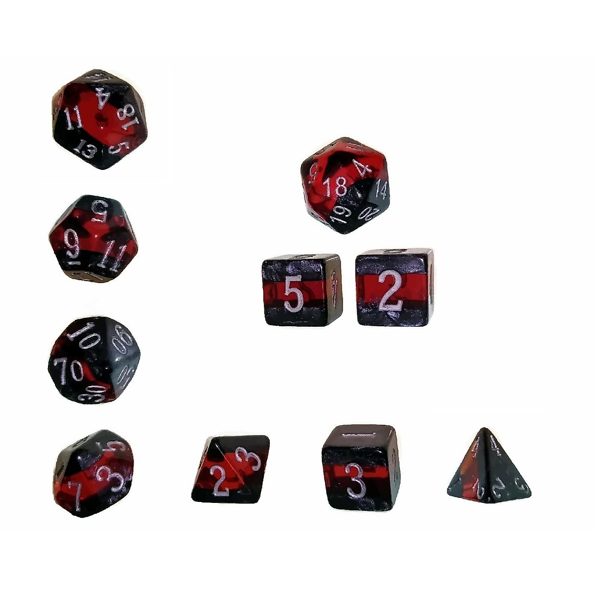 Marbled Black with a Ruby Red Translucent Vein Set of 10 Dice for Role-Playing Games (Includes a d20 Initiative Advantage Die and Two Special d6 Max Damage Dice) RPG
