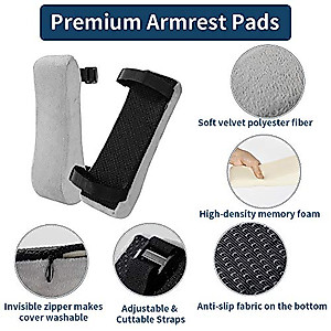 bokemar Memory Foam Arm Rest Office Chair Armrest Pads and Elevated Sloped Armrest - Universal Cushion Covers for Armrest and Elbow Relief (2 Pad Set) Gray