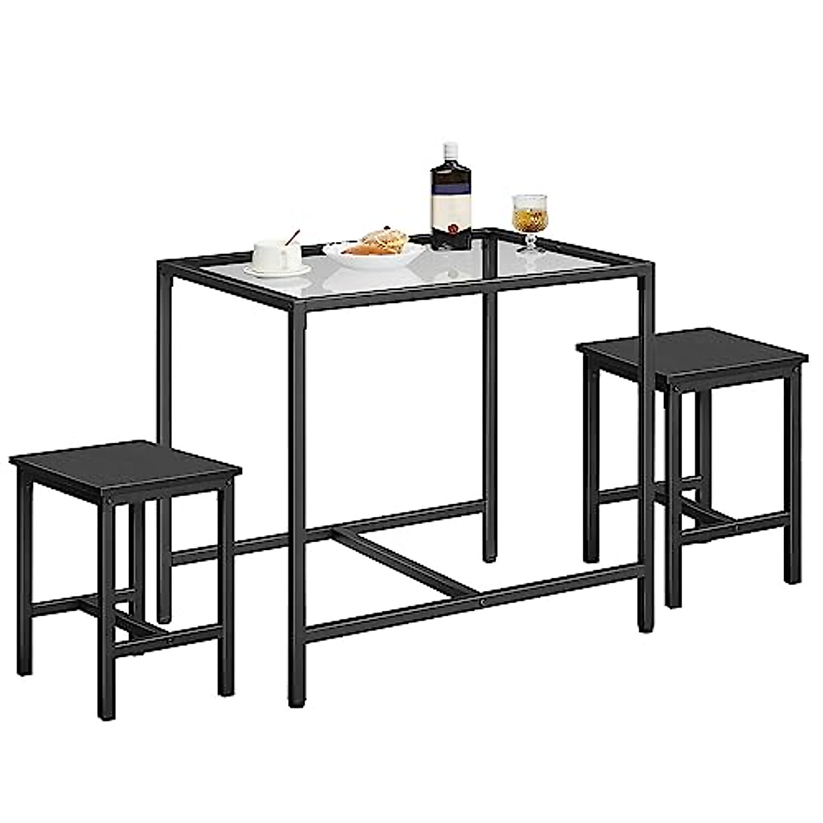 HOOBRO Dining Table Set, Glass Bar Table and Chair Set, Kitchen Table and Chairs with 2 Bar Stools, 3-Piece Bar Height Table and Chairs for Living Room, Dining Room, Party, Black BK80CZ01