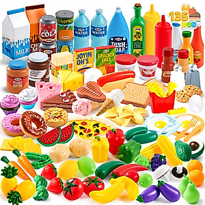 JOYIN 135Pcs Kids Play Food Set, Value Pretend Food for Play Kitchen with Fruit, Vegetable, Food Can, Dessert, Tableware, Bottles, Dramatic Plastic Food Toys for Toddler Boys Girls 3+ Years