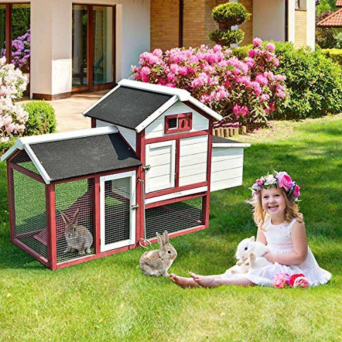 Tangkula 60" Large Rabbit Hutch Wooden White Rabbit Bunny Outdoor Animal Cage Rabbit Hutch House with Black Linoleum Roof