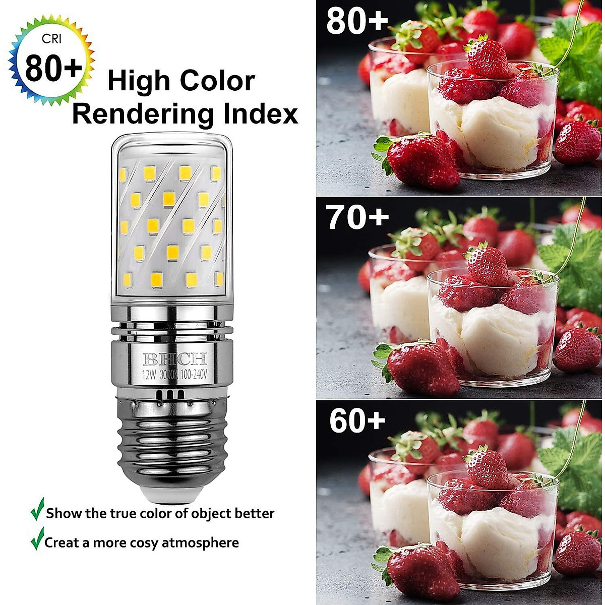 BHCH E26 LED Corn Bulbs 12W,3000K Warm White,1200LM,Edison Screw Bulbs,100W Incandescent Bulbs Equivalent,Pack of 4