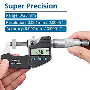 AUTOUTLET 0-25mm Precision Digital Micrometer Electronic Micrometer Caliper with 0.001mm Resolution and LCD Display for Accurate Measurements