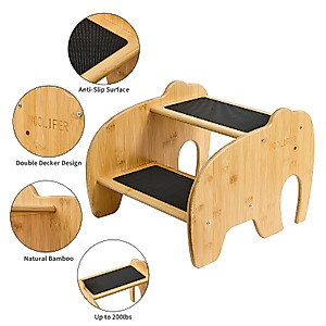 WOOLIFER Step Stools for Kids, Natural Wooden Cute Elephant Shape Non-Slip Stepping Stool, Small Step Stools for Toddlers & Kids Use in Bathroom, Kitchen, Toilet (Dual Height)