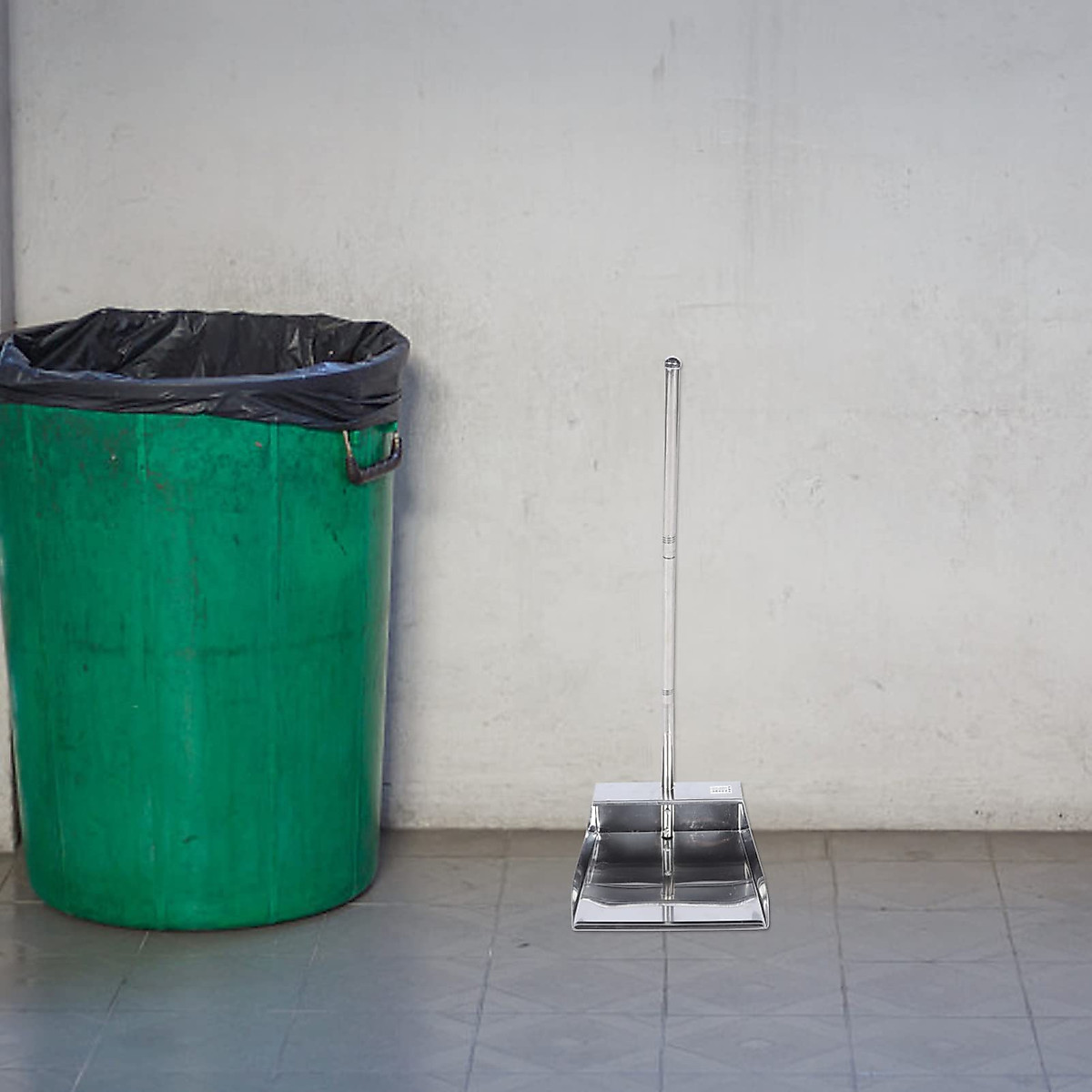 TOPBATHY Stainless Steel Dustpan with Long Handle Metal Upright Dustpan Heavy Duty for Lobby Garage Home and Yard Home Shop Commercial and Industrial Use