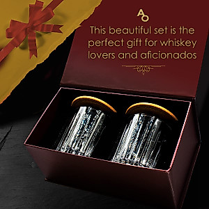 Aberdeen Oak Crystal Whiskey Glasses Set - Timeless Old Fashioned Liquor Glass with Coasters - Perfect for Bourbon & Cocktails, Ideal Gift for Men & Whisky Enthusiasts - 2 Piece Set
