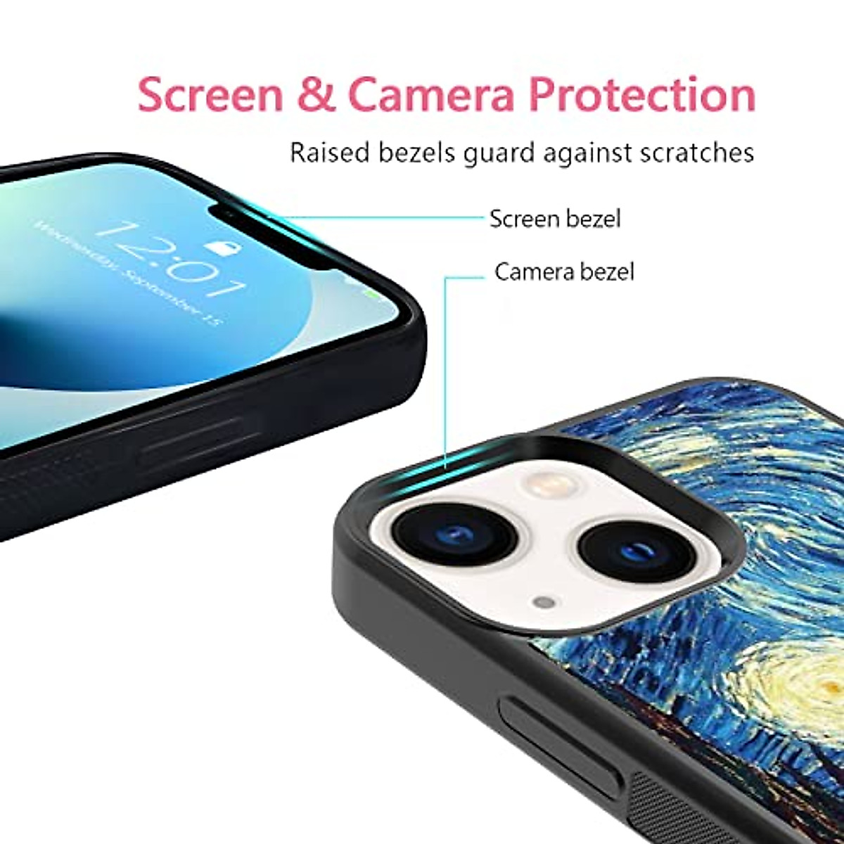 Black Cute Cat iPhone 13 Mini Case - 5.4 Inch Van Gogh Cute Cat iPhone Case, Non-Slip Pattern Design and Shock Absorption, Soft Silica Gel Frame Support Black Phone Case for Teen Girls and Sisters