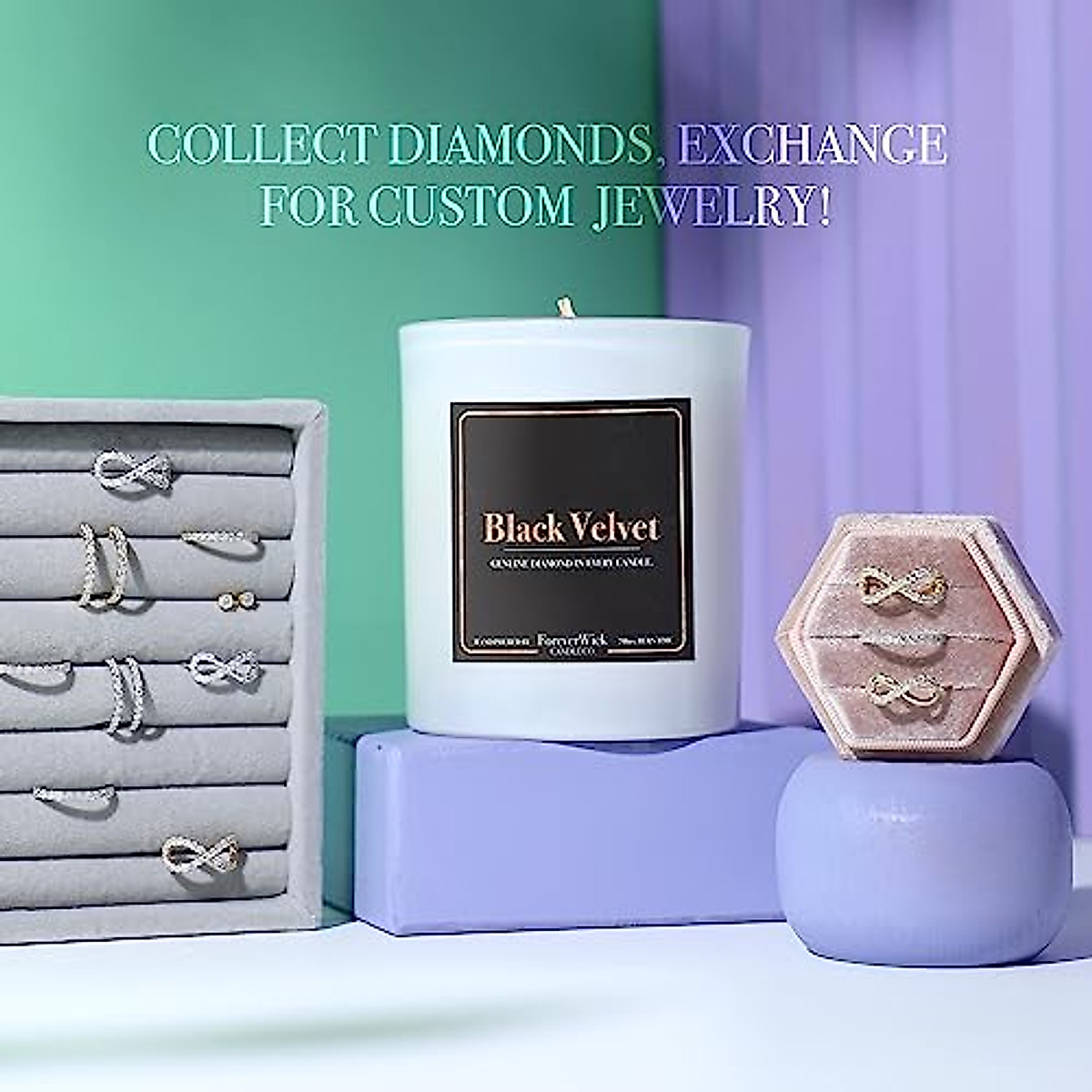 Foreverwick Black Velvet Majestic Moss Surprise Soy Wax Candle with Diamond Inside 14Oz Jar, Large Candles, Scented, Gift Women, Glass, Large Size, Double Pour Inspired, 70 Hours