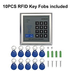 IMAGE Proximity RFID Card Access Control System Kit with 180kg 350LB Electric Magnetic lock 110-240V AC to 12v DC 3A 36w Power Supply Proximity Door Entry Keypad 10 Key Fobs EXIT Button