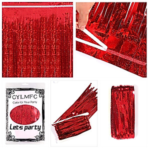 CYLMFC Metallic Tinsel Curtains, 2 Pack 3x8ft Foil Fringe Backdrop for Birthday & Graduation Decorations, Red