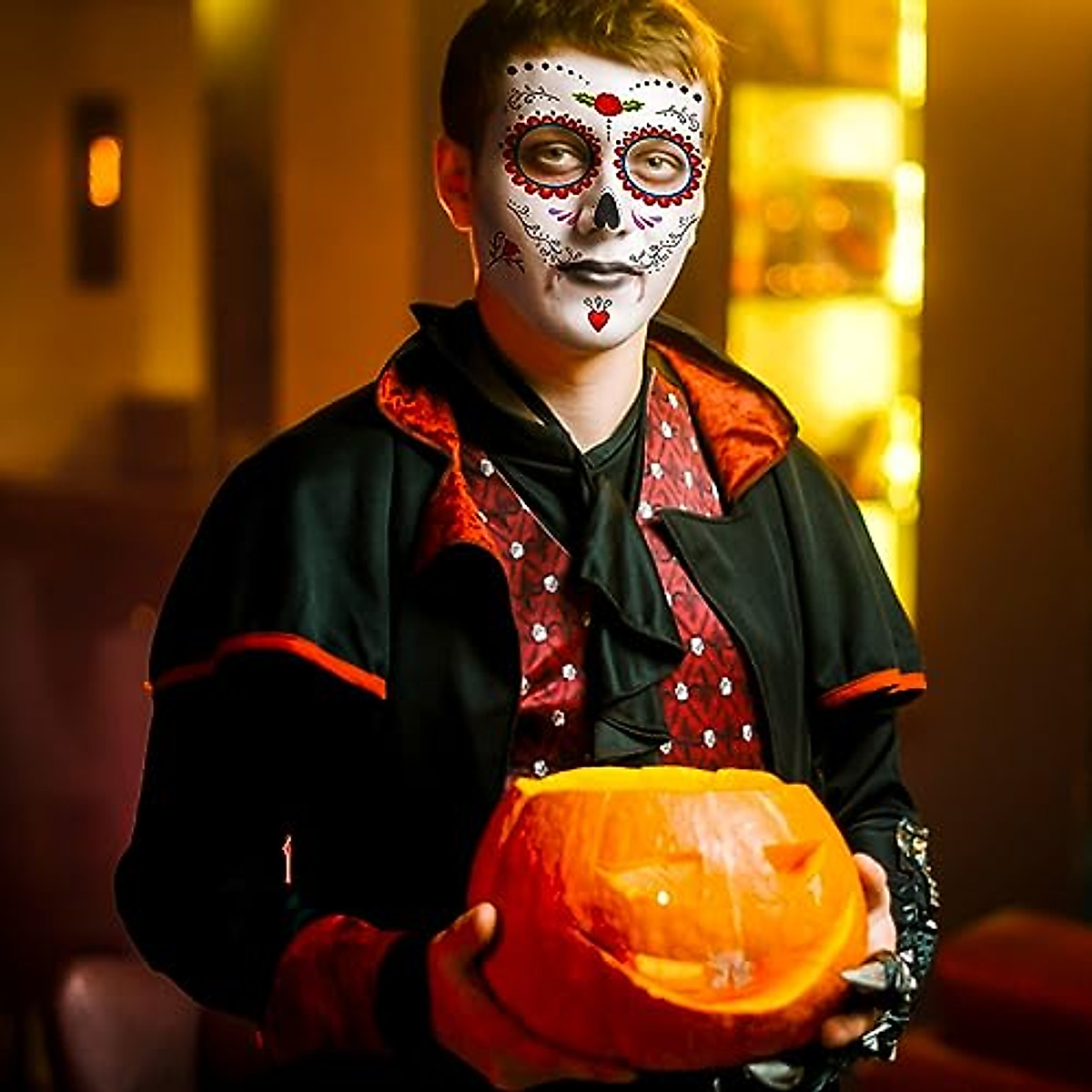 Amaxiu Day of the Dead Face Temporary Tattoos, 10 Sheets Halloween Floral Sugar Skull Temporary Face Tattoos Stickers Makeup Kit on Cheek Eye Forehead Nose Mouth for Halloween Masquerade Party