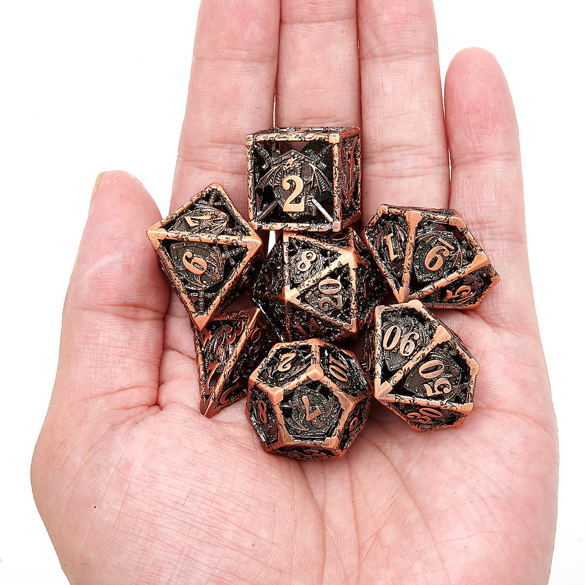 Hollow Metal DND Game Dice Set Shield and Dragon Sword，with Metal Gift case for Dungeons and Dragons RPG MTG Table Games D&D Pathfinder Shadowrun and Math Teaching (Ancient Copper)