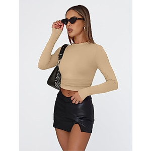 Trendy Queen Womens Long Sleeve Shirts Basic Tees Crop Tops Going Out Spring 2025 Workout Outfits Y2k Clothes Khaki L