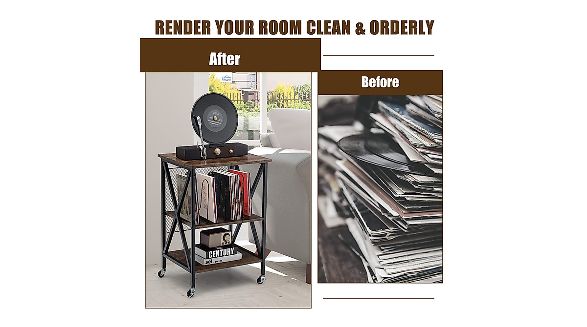 GOFLAME 3-Tier Record Player Stand with Lockable Wheels - Brown