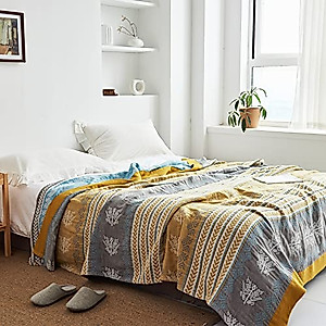 DECMAY Cotton Bohemia Throw Blanket, 5-Layer Super Soft Cozy Warm Blanket for Bed Couch. Full/Queen Size（Khaki,80"X91"