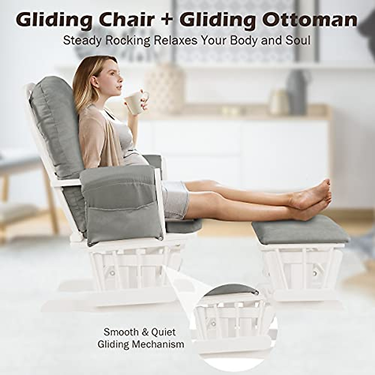 Costzon Glider and Ottoman Set, Wood Glider Rocker for Nursery, Upholstered Comfort Nursing Rocking Chair with Storage Pocket, Padded Armrests & Detachable Cushion, Easy to Assemble (Light Gray)