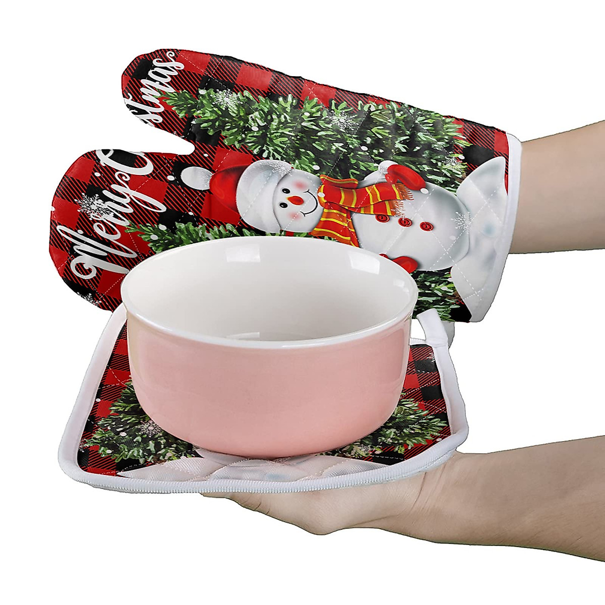 christmas Set of Oven Mitt and Pot Holder Snowman with Xmas Tree Kitchen Oven Gloves and Hot Pads Heat Resistance Non-Slip Surface for BBQ Cooking Baking Grilling Red Buffalo Plaid Check