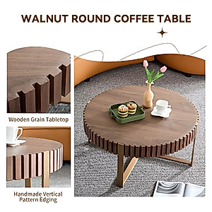 LKTART 31.5'' Round Coffee Table for Living Room, Solid Wood Handcraft Drum Coffee Table, Wooden Felief Coffee Table, Stainless Steel Legs Sturdy Pedestal Tea Table, Apartment Small Space,Walnut