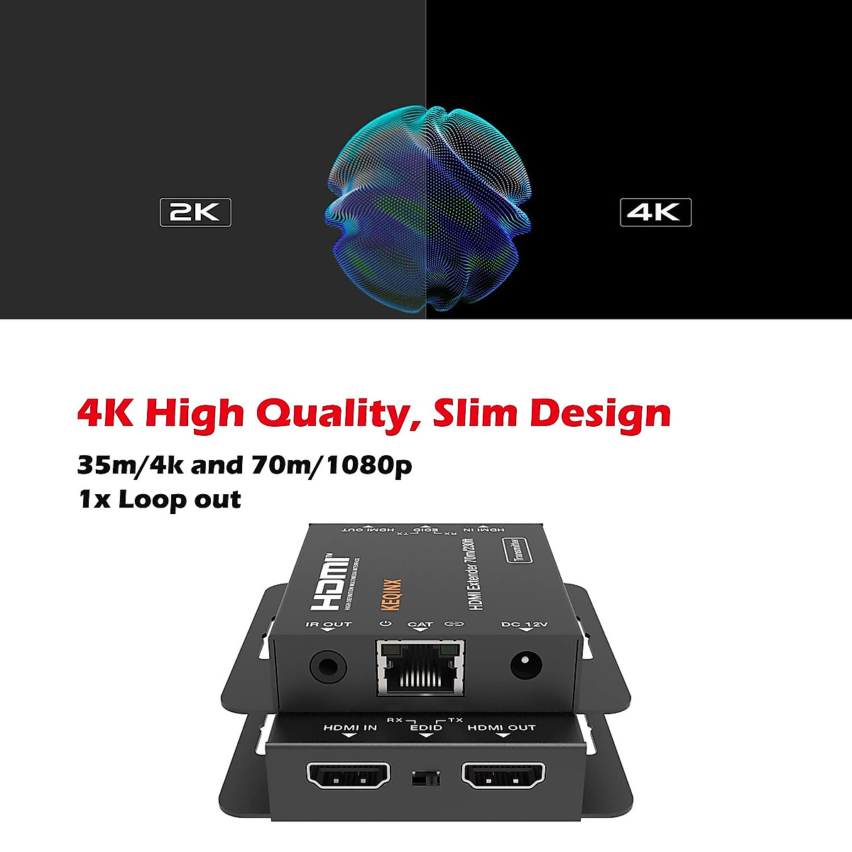 KEQINX 4K HDMI Extender 230ft HDMI Baluns POC HDMI Audio Inserter