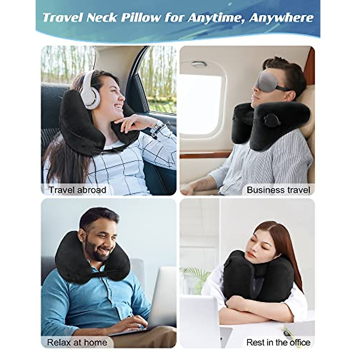 JefDiee Neck Pillows for Travel, Travel Pillow for Neck, Chin, Head Support, Airplane Pillow with Soft Washable Velour Cover, Hat, Portable Luxury Bag, 3D Sleep Mask and Earplugs (Black)