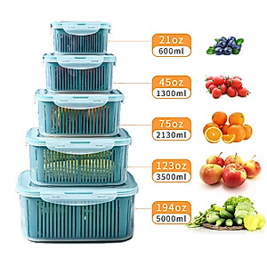 PLHG 5 Pack Fruit Storage Containers for Fridge Removable Colanders, Refrigerator Organizer for Salad Berry Lettuce Vegetables Produce Saver Container with Lid, Microwave, Dishwasher Safe