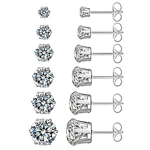 6 Pairs Cubic Zirconia Stud Earrings Set Surgical Steel Hypoallergenic 316L Stainless Steel Earrings for Women Men Contain 3,4,5,6,7,8mm