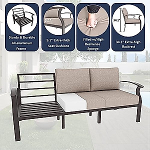 ALAULM Aluminum Patio Furniture Set with Propane Fire Pit Table 9-seat Metal Outdoor Furniture w/Fire Pit Patio Sectional w/5.1" Cushions for Patio, Backyard, Poolside-Sand