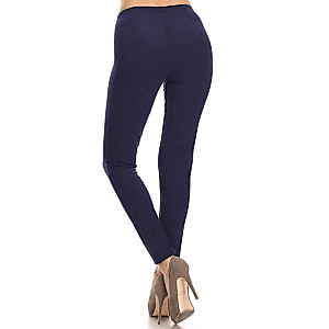 Leggings Depot Womens 1" Waistband High Waisted Solid Leggings Pants (Full Length, Navy, One Size Plus)