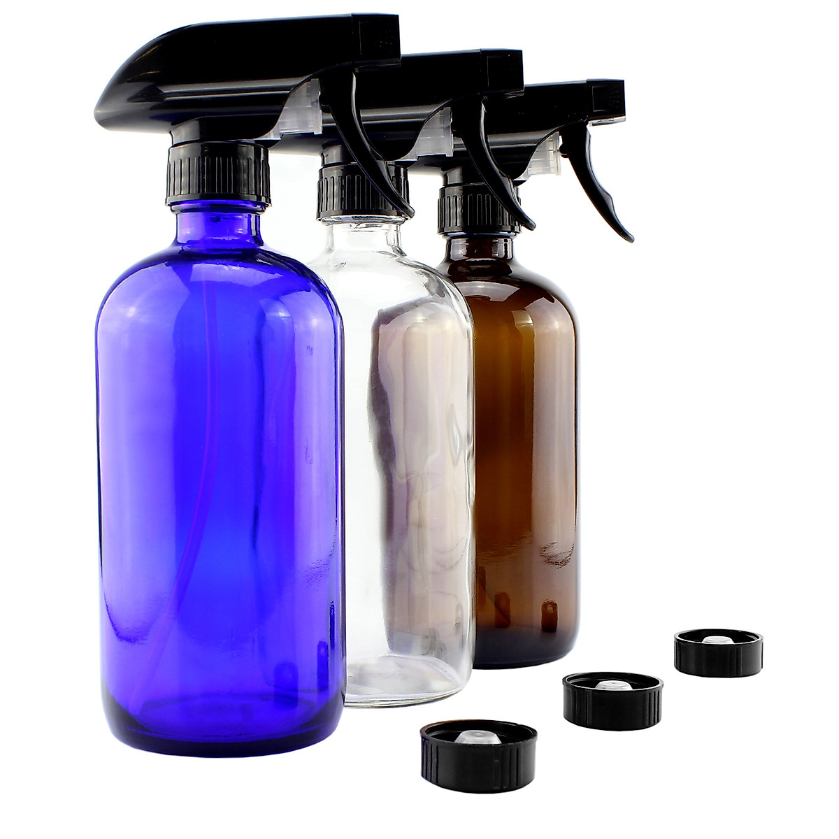 16oz Glass Bottles w/Heavy Duty Sprayers - Three Pack Bundle (1 Cobalt Blue, 1 Amber, 1 Clear); Boston Round; 3-Setting Spray Tops + Black Lids