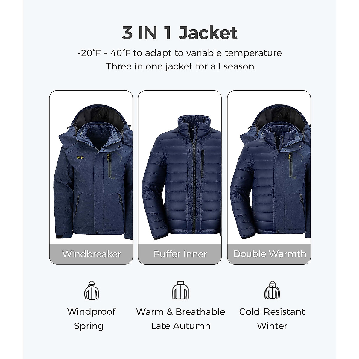 wantdo Men's Windproof Winter Coat Hoodie Puffer Jacket Quilted 3 in 1 jacket Navy XL