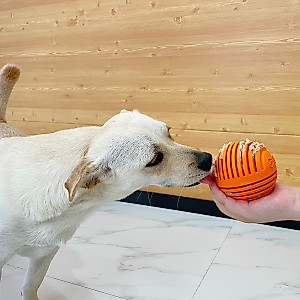 LaRoo Dog Feeder Puzzle Toy Ball, Natural Rubber Dog Chew Toy Snack Dispenser, Bite Resistant Interactive Dog Toy Treat Dispensing Aggressive Chewers for Small Medium Large Dog (9cm Ball Orange)
