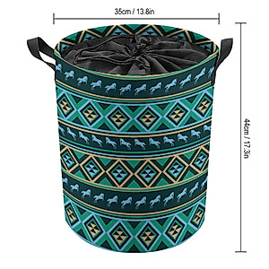 Large Laundry Basket, Teal Green Native American Tribal Ethnic Western Horse Collapsible Drawstring Laundry Hamper, Waterproof Storage Baskets with Handles for Household Bedroom, Bathroom, Dorm