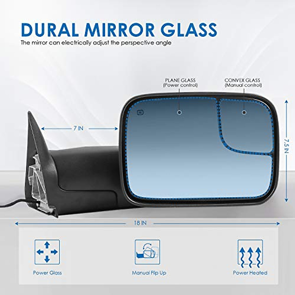 MOSTPLUS Power Heated Towing Mirror Compatible for 1998 1999 2000 2001 Dodge Ram 1500/1998-2002 2500 3500 with Manul Telescoping-Passenger Side