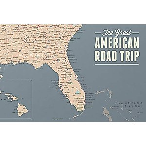 USA Road Trip & Travel Highway Tracing Map 24x36 Poster (Tan & Slate Blue)